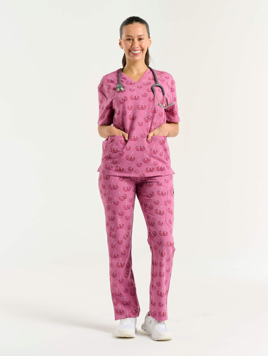 Essential Multi-Pocket Scrub Pants in Cherry Print | Airmed Scrubs