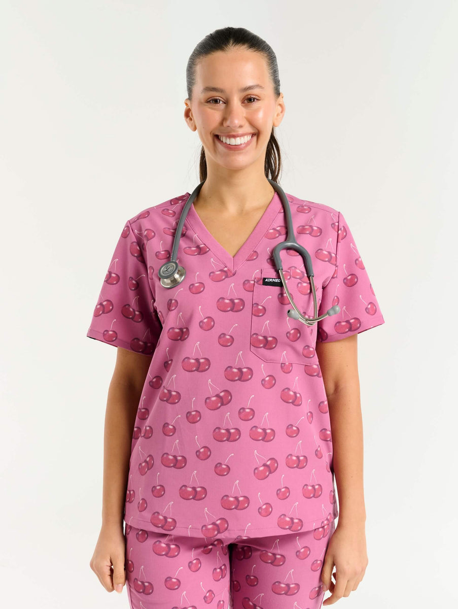 Essential One Pocket V Neck Scrub Top in Cherry Print | Airmed Scrubs