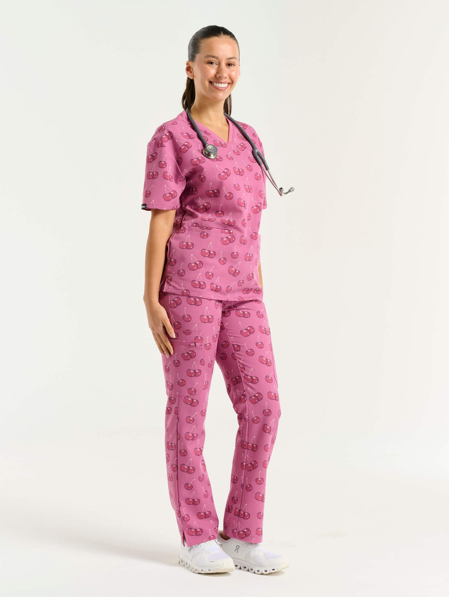 Essential V Neck Scrub Top in Cherry Print | Airmed Scrubs